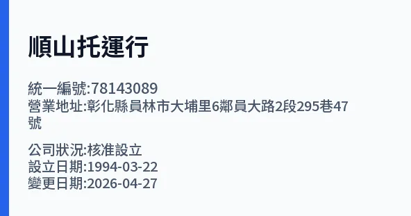 順山托運行的照片-統編 78143089(彰化縣) 公司登記資料與營業項目詳細圖表