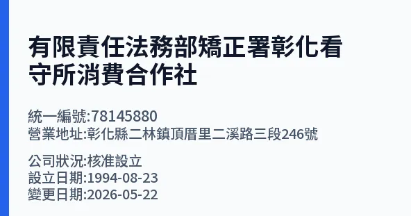 有限責任法務部矯正署彰化看守所消費合作社的照片-統編 78145880(彰化縣) 公司登記資料與營業項目詳細圖表