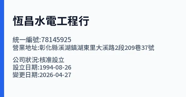 恆昌水電工程行的照片-統編 78145925(彰化縣) 公司登記資料與營業項目詳細圖表