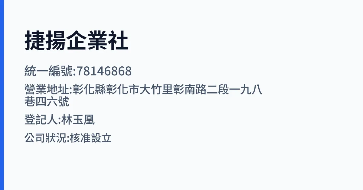 捷揚企業社 - 統編 78146868(彰化縣) 公司登記資料與營業項目詳細圖表