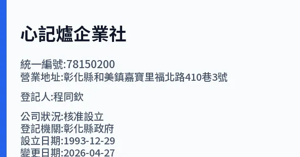 心記爐企業社的照片-統編 78150200(彰化縣) 公司登記資料與營業項目詳細圖表
