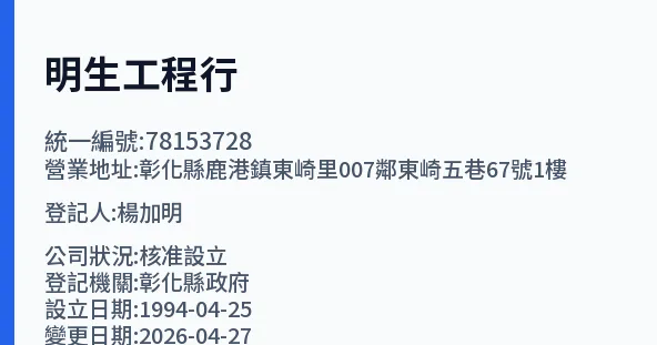 明生工程行的照片-統編 78153728(彰化縣) 公司登記資料與營業項目詳細圖表