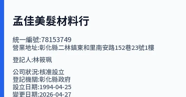 孟佳美髮材料行的照片-統編 78153749(彰化縣) 公司登記資料與營業項目詳細圖表