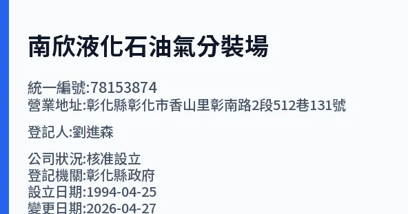 南欣液化石油氣分裝場的照片-統編 78153874(彰化縣) 公司登記資料與營業項目詳細圖表