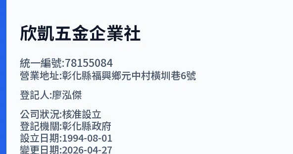 欣凱五金企業社的照片-統編 78155084(彰化縣) 公司登記資料與營業項目詳細圖表