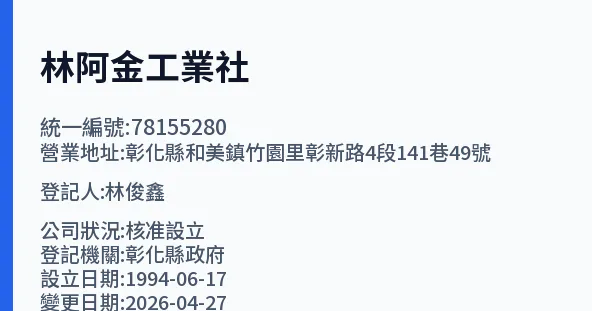 林阿金工業社的照片-統編 78155280(彰化縣) 公司登記資料與營業項目詳細圖表