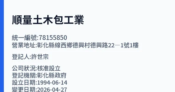 順量土木包工業的照片-統編 78155850(彰化縣) 公司登記資料與營業項目詳細圖表
