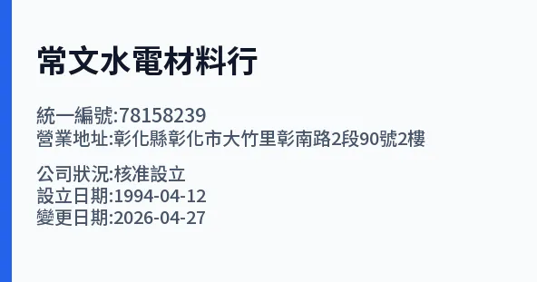 常文水電材料行的照片-統編 78158239(彰化縣) 公司登記資料與營業項目詳細圖表