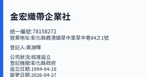 金宏織帶企業社的照片-統編 78158272(彰化縣) 公司登記資料與營業項目詳細圖表