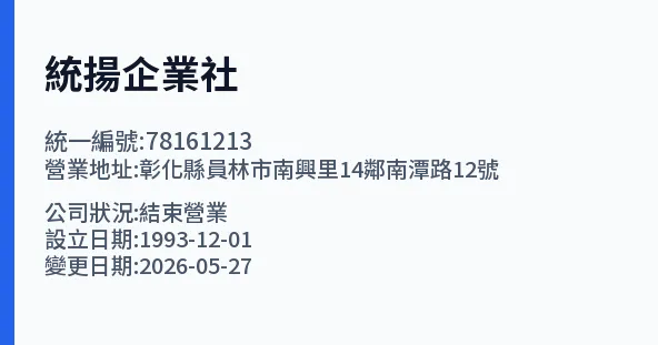 統揚企業社的照片-統編 78161213(彰化縣) 公司登記資料與營業項目詳細圖表