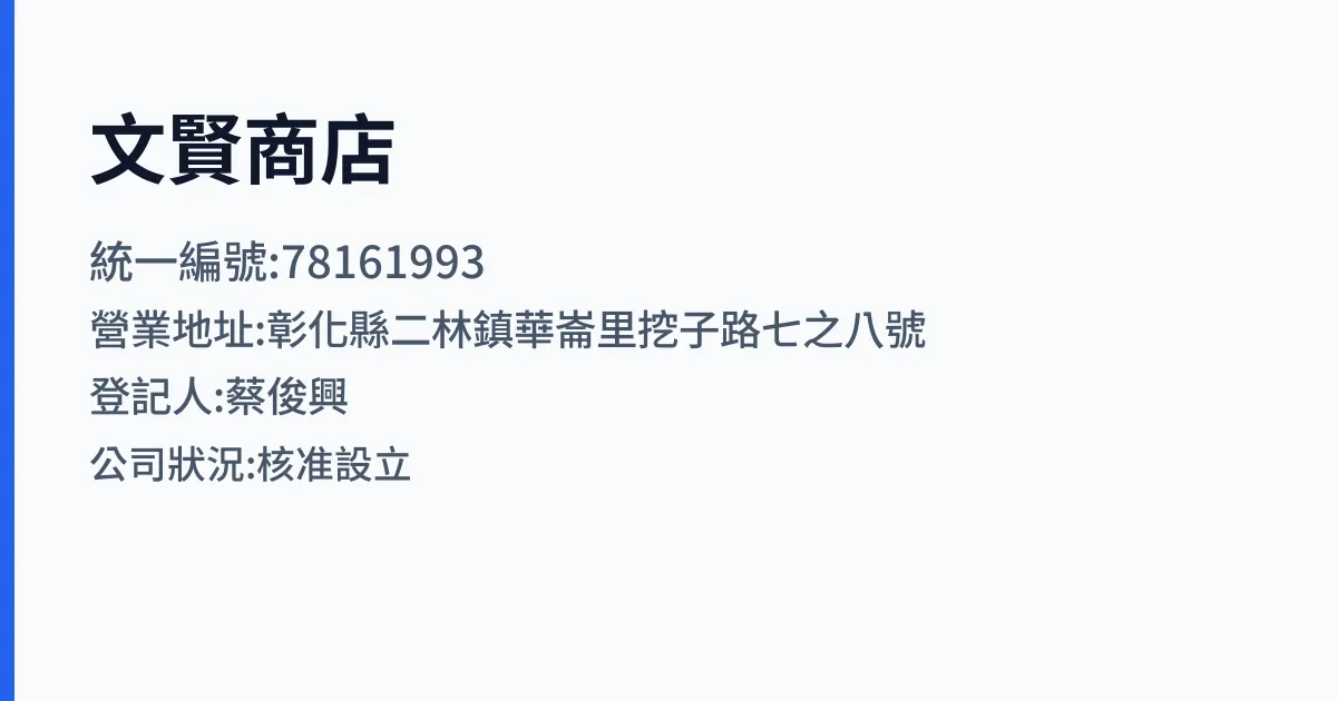 文賢商店 - 統編 78161993(彰化縣) 公司登記資料與營業項目詳細圖表