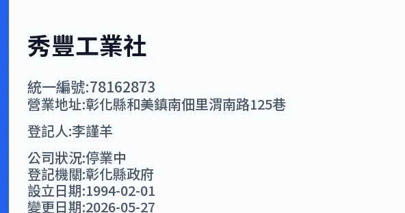 秀豐工業社的照片-統編 78162873(彰化縣) 公司登記資料與營業項目詳細圖表