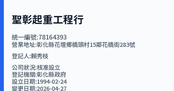 聖彰起重工程行的照片-統編 78164393(彰化縣) 公司登記資料與營業項目詳細圖表