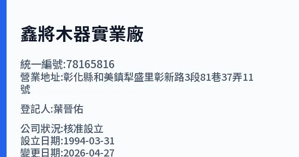 鑫將木器實業廠的照片-統編 78165816(彰化縣) 公司登記資料與營業項目詳細圖表