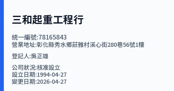 三和起重工程行的照片-統編 78165843(彰化縣) 公司登記資料與營業項目詳細圖表
