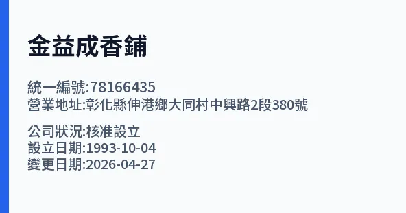 金益成香鋪的照片-統編 78166435(彰化縣) 公司登記資料與營業項目詳細圖表
