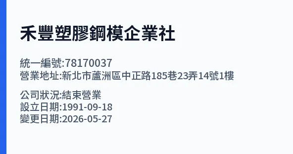 禾豐塑膠鋼模企業社的照片-統編 78170037(新北市) 公司登記資料與營業項目詳細圖表