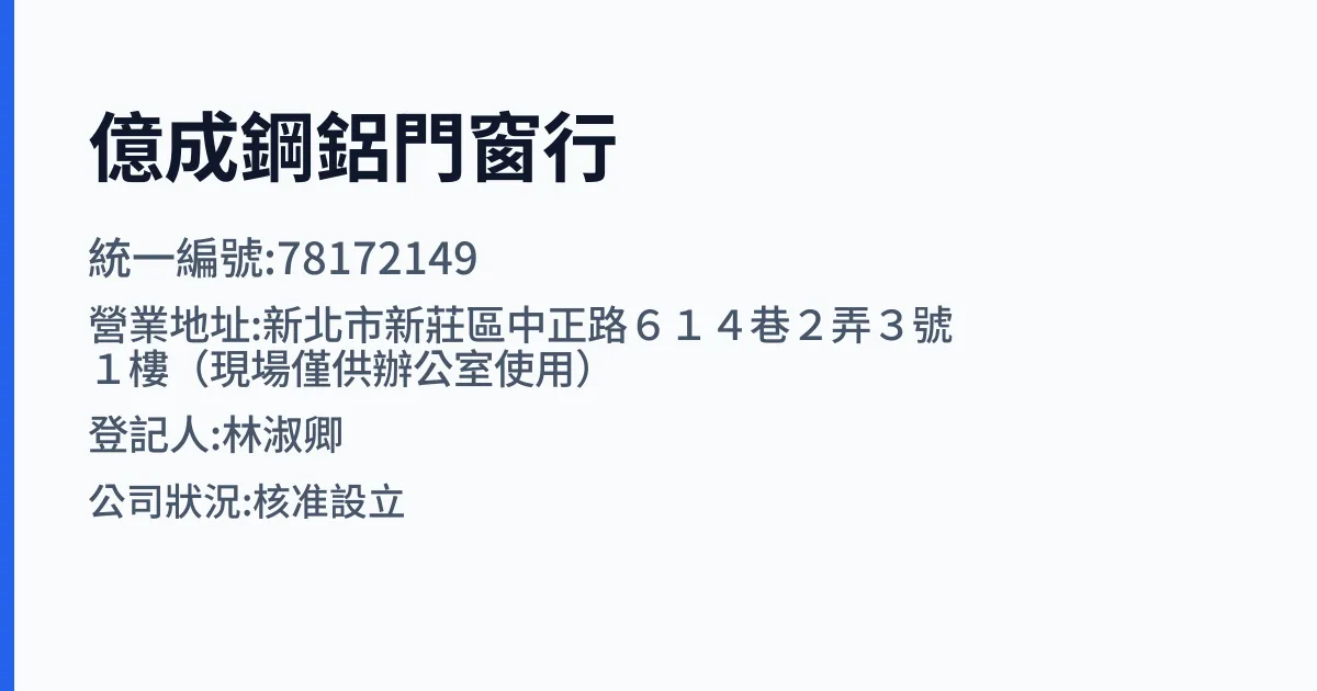 億成鋼鋁門窗行 - 統編 78172149(新北市) 公司登記資料與營業項目詳細圖表