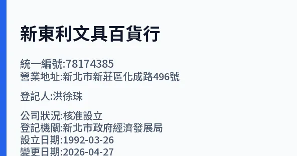 新東利文具百貨行的照片-統編 78174385(新北市) 公司登記資料與營業項目詳細圖表