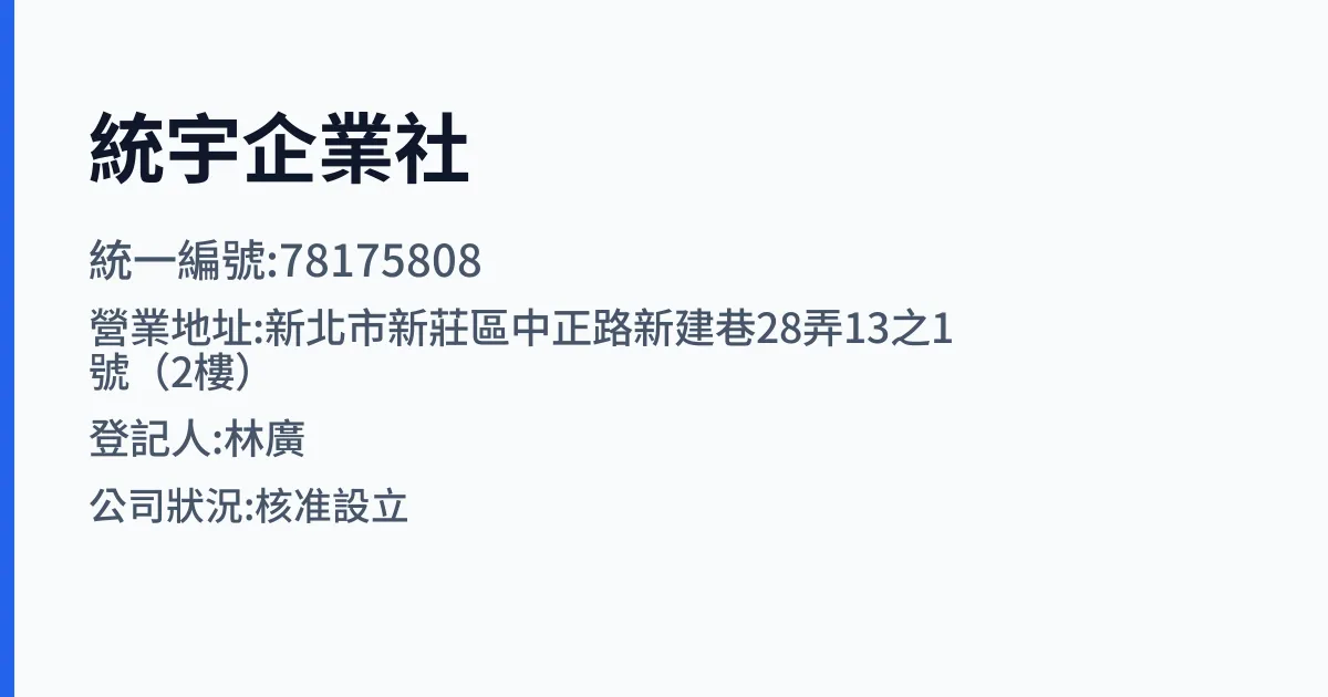 統宇企業社 - 統編 78175808(新北市) 公司登記資料與營業項目詳細圖表