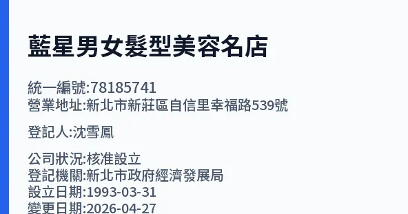 藍星男女髮型美容名店的照片-統編 78185741(新北市) 公司登記資料與營業項目詳細圖表