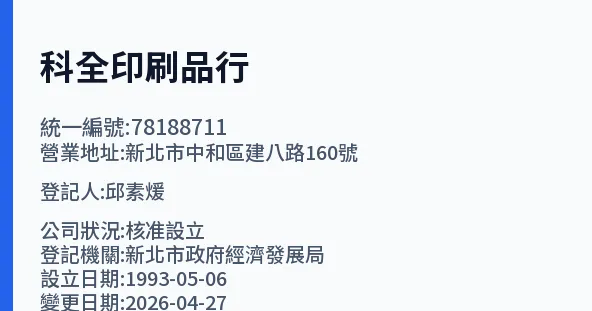 科全印刷品行的照片-統編 78188711(新北市) 公司登記資料與營業項目詳細圖表