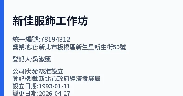 新佳服飾工作坊的照片-統編 78194312(新北市) 公司登記資料與營業項目詳細圖表