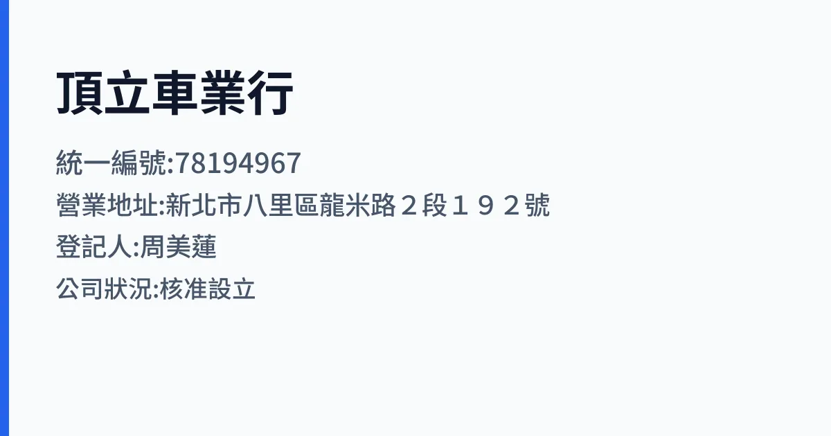 頂立車業行 - 統編 78194967(新北市) 公司登記資料與營業項目詳細圖表