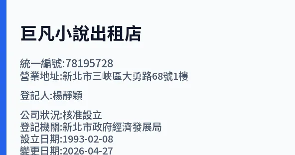 巨凡小說出租店的照片-統編 78195728(新北市) 公司登記資料與營業項目詳細圖表