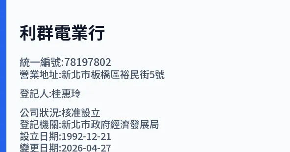 利群電業行的照片-統編 78197802(新北市) 公司登記資料與營業項目詳細圖表