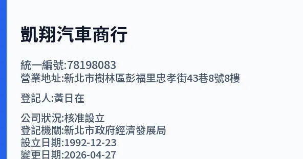 凱翔汽車商行的照片-統編 78198083(新北市) 公司登記資料與營業項目詳細圖表