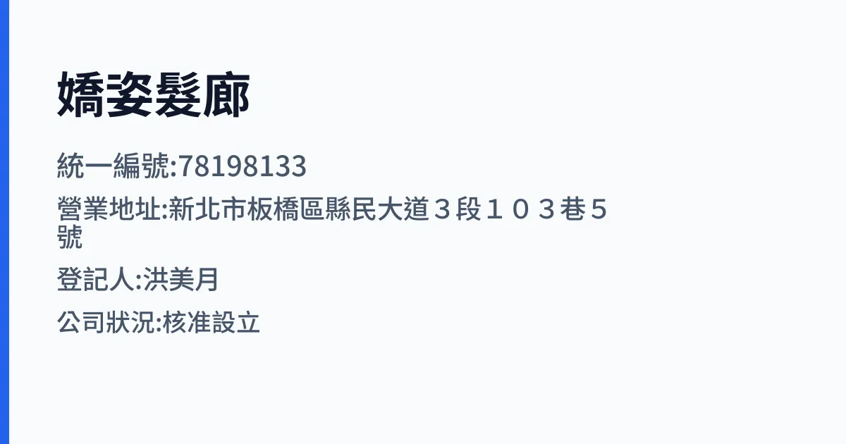 嬌姿髮廊 - 統編 78198133(新北市) 公司登記資料與營業項目詳細圖表