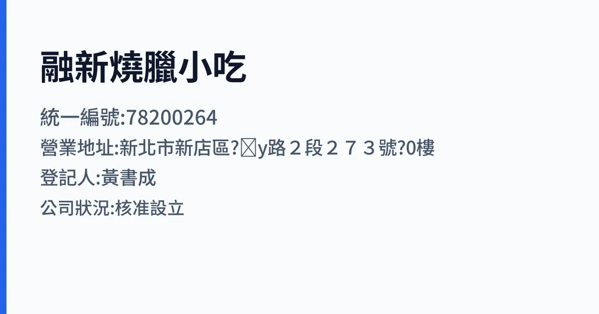 融新燒臘小吃 - 統編 78200264(新北市) 公司登記資料與營業項目詳細圖表