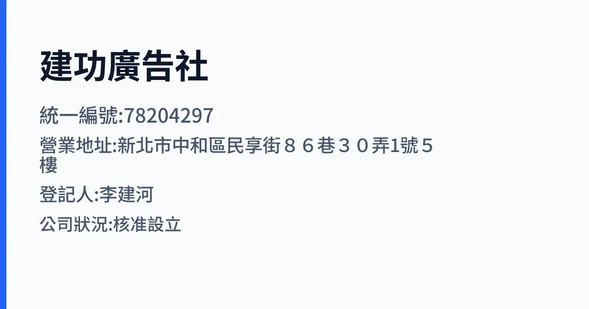建功廣告社 - 統編 78204297(新北市) 公司登記資料與營業項目詳細圖表