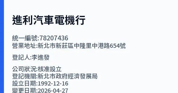 進利汽車電機行的照片-統編 78207436(新北市) 公司登記資料與營業項目詳細圖表