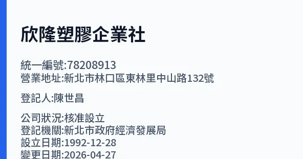 欣隆塑膠企業社的照片-統編 78208913(新北市) 公司登記資料與營業項目詳細圖表