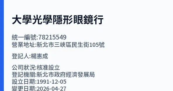 大學光學隱形眼鏡行的照片-統編 78215549(新北市) 公司登記資料與營業項目詳細圖表
