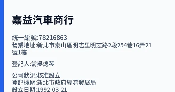 嘉益汽車商行的照片-統編 78216863(新北市) 公司登記資料與營業項目詳細圖表