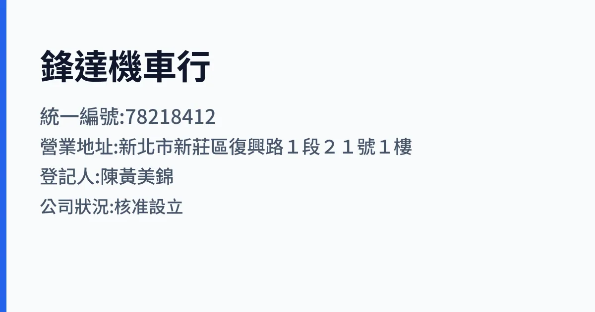鋒達機車行 - 統編 78218412(新北市) 公司登記資料與營業項目詳細圖表