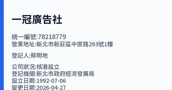 一冠廣告社的照片-統編 78218779(新北市) 公司登記資料與營業項目詳細圖表