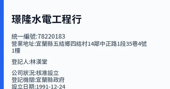 璟隆水電工程行的照片-統編 78220183(宜蘭縣) 公司登記資料與營業項目詳細圖表