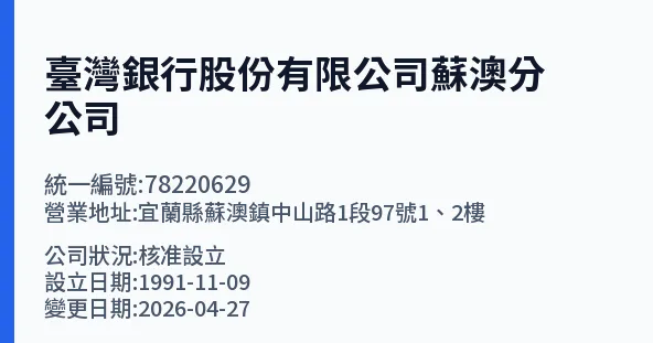 臺灣銀行股份有限公司蘇澳分公司的照片-統編 78220629(宜蘭縣) 公司登記資料與營業項目詳細圖表