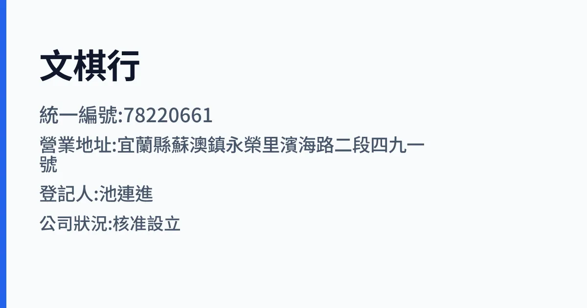 文棋行 - 統編 78220661(宜蘭縣) 公司登記資料與營業項目詳細圖表