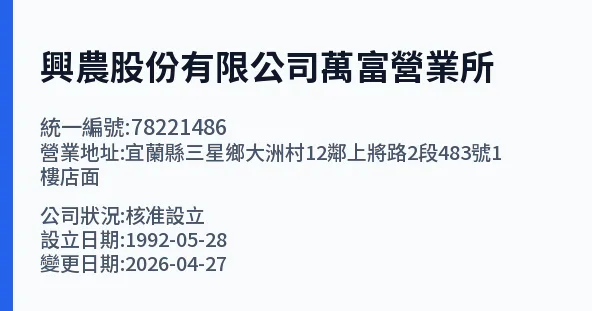 興農股份有限公司萬富營業所的照片-統編 78221486(宜蘭縣) 公司登記資料與營業項目詳細圖表