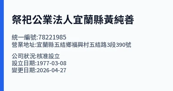祭祀公業法人宜蘭縣黃純善的照片-統編 78221985(宜蘭縣) 公司登記資料與營業項目詳細圖表