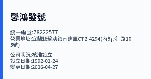 馨鴻發號的照片-統編 78222577(宜蘭縣) 公司登記資料與營業項目詳細圖表