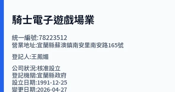 騎士電子遊戲場業的照片-統編 78223512(宜蘭縣) 公司登記資料與營業項目詳細圖表