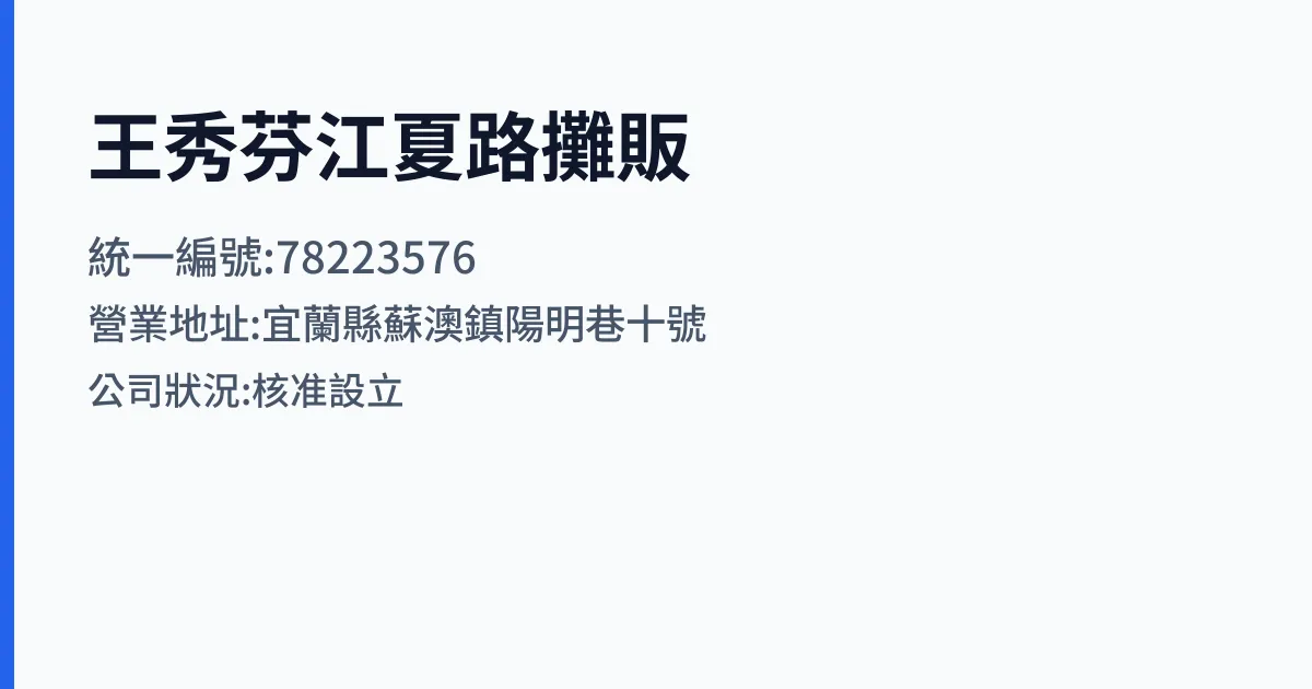 王秀芬江夏路攤販 - 統編 78223576(宜蘭縣) 公司登記資料與營業項目詳細圖表