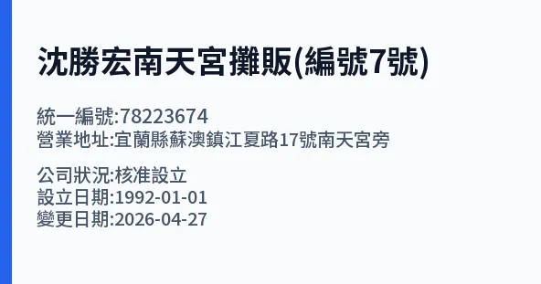沈勝宏南天宮攤販(編號7號)的照片-統編 78223674(宜蘭縣) 公司登記資料與營業項目詳細圖表