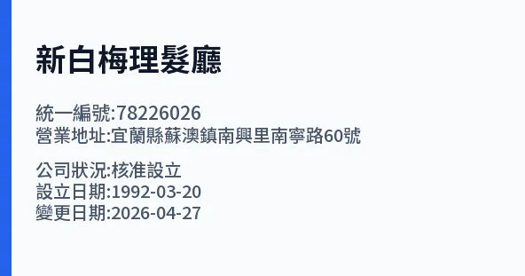 新白梅理髮廳的照片-統編 78226026(宜蘭縣) 公司登記資料與營業項目詳細圖表